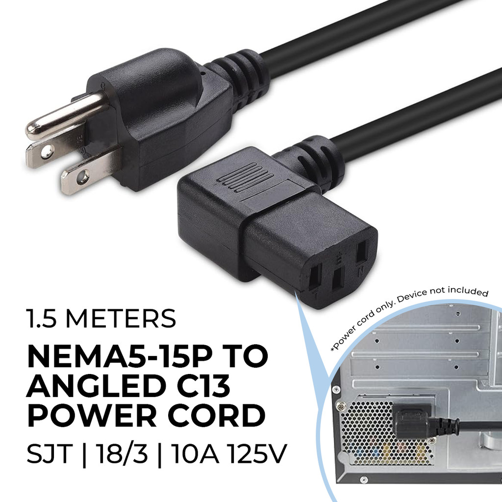 Power Cord NEMA 5 15P To Angled C13 1.5m 10A 125V Replacement Monitor ...