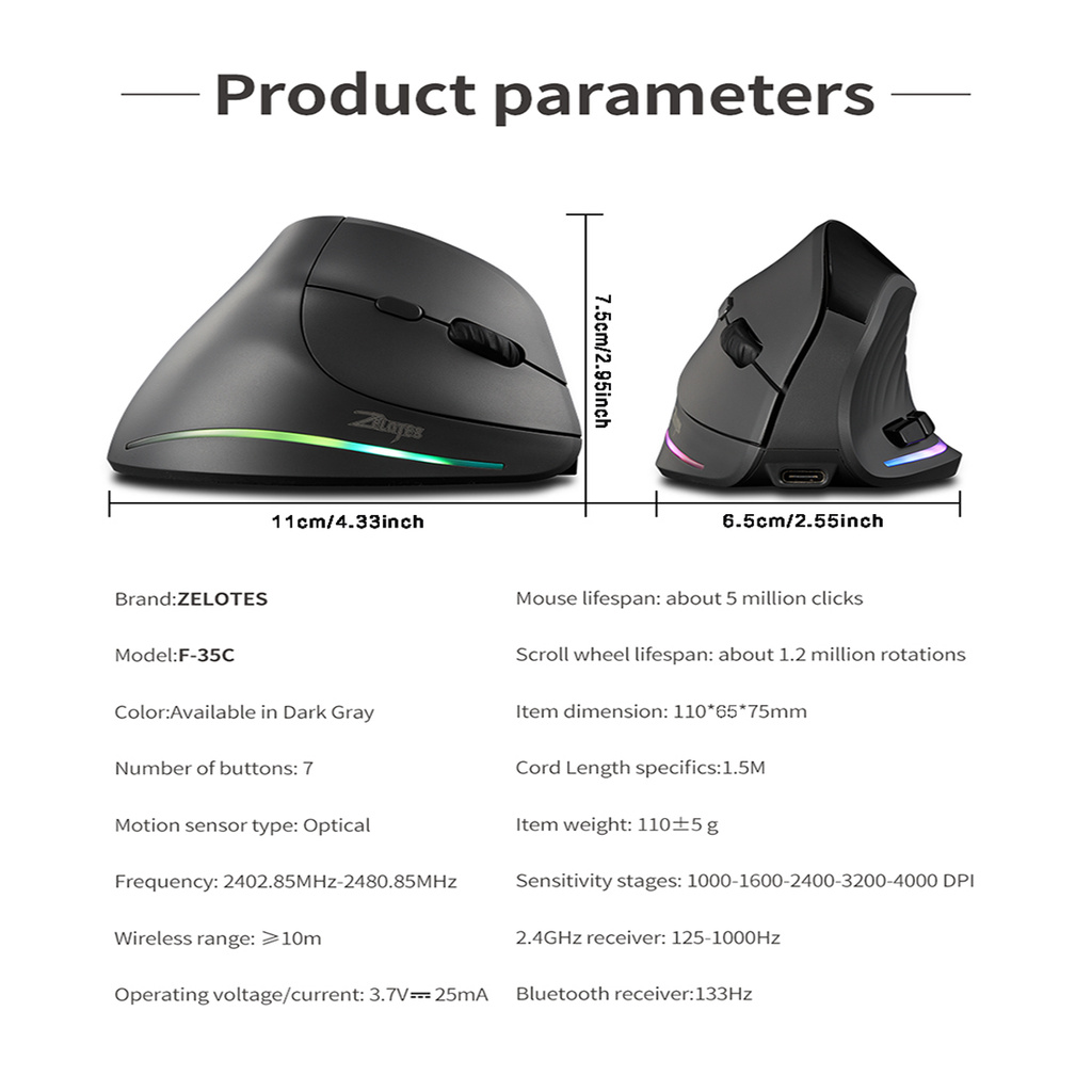Ergonomic 2.4G Tri-mode Rechargeable Wireless Vertical Silent Mouse ...