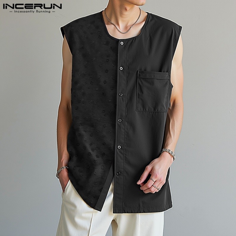 INCERUN Men Vintage Fashion Round Neck Jacquard Splicing Sleeveless ...