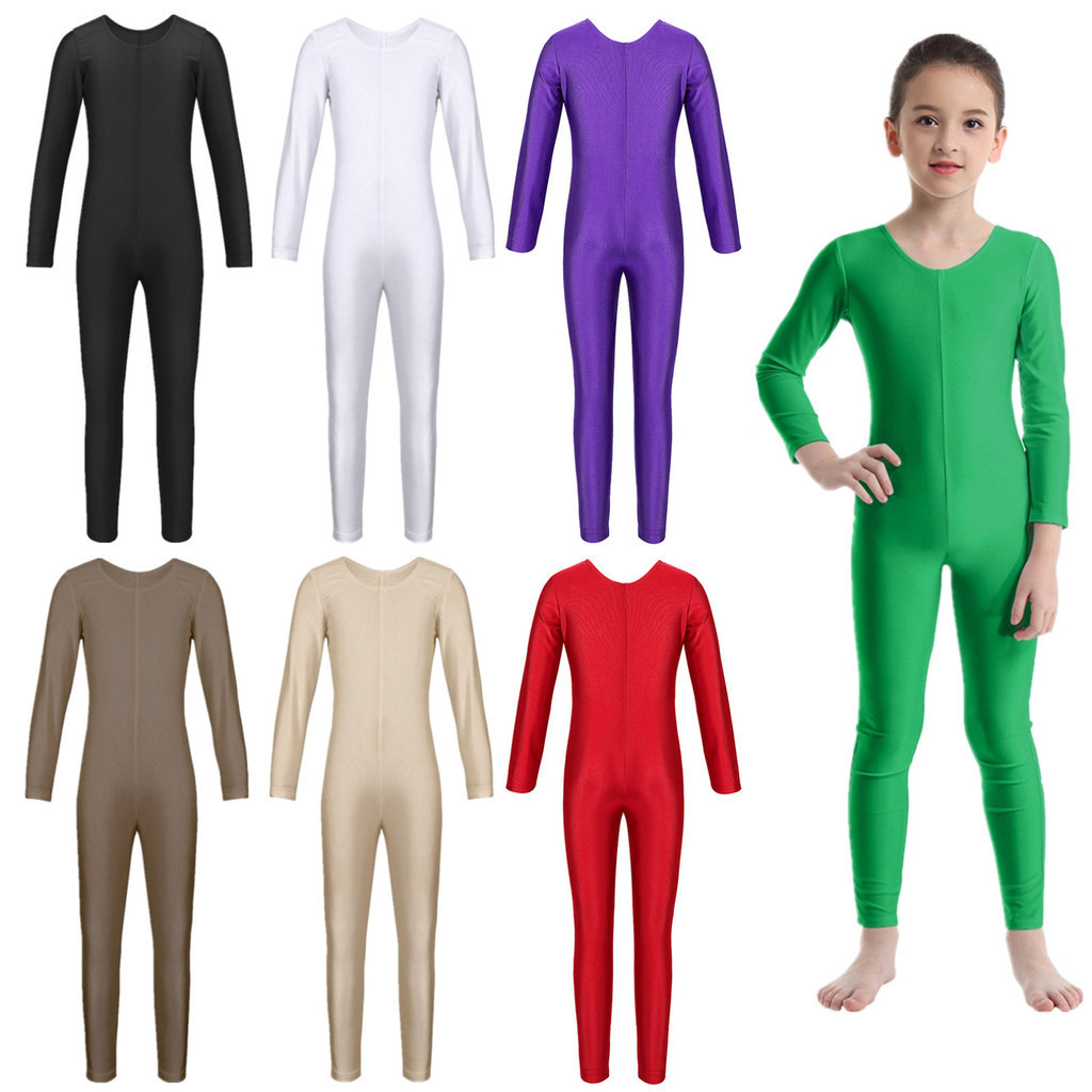 Kids Girls Long Sleeves Leotards Jumpsuit Ballet Dance Gymnastics Solid ...