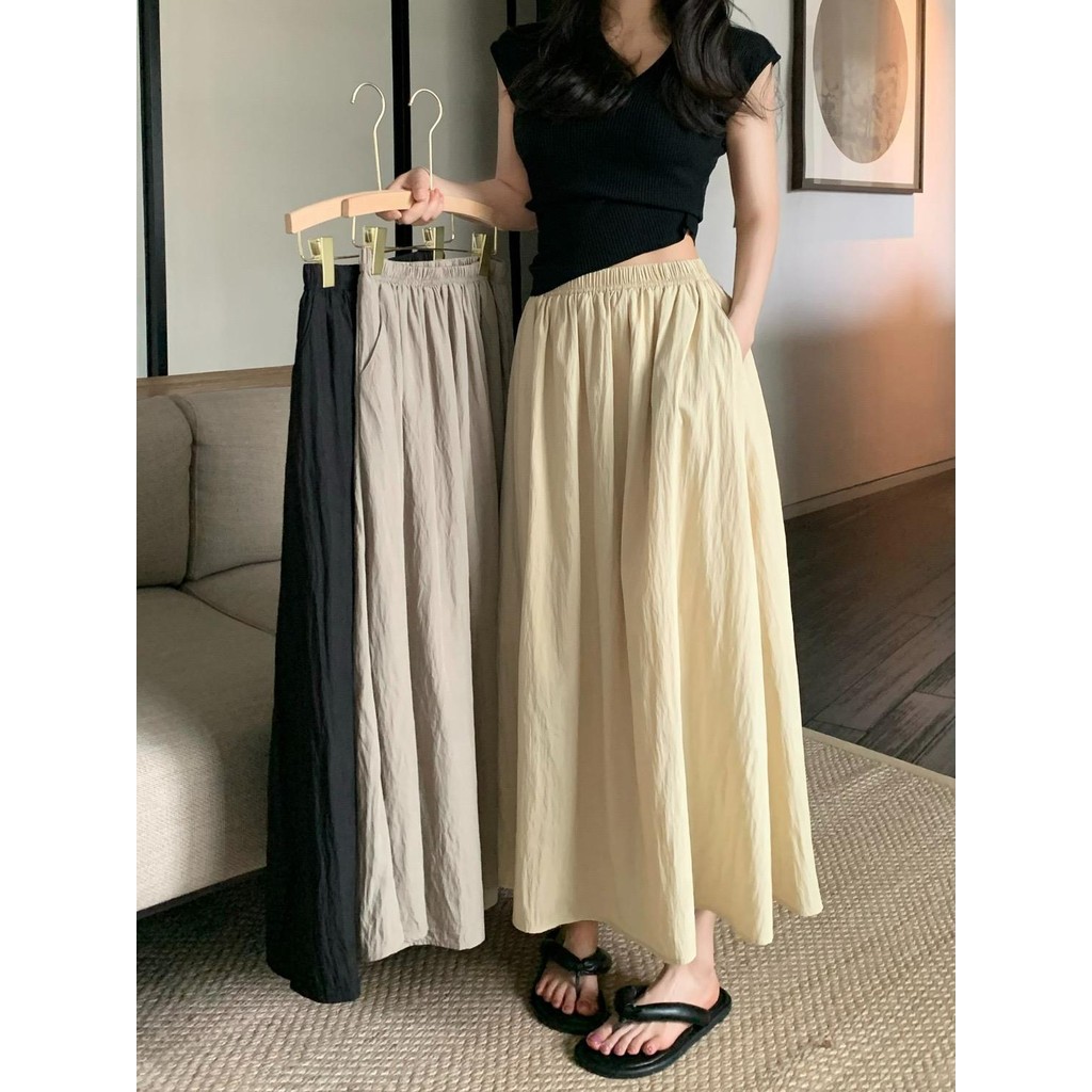 Korean Style Maxi Skirt Pleated High Waist A-line Umbrella Long Skirt ...