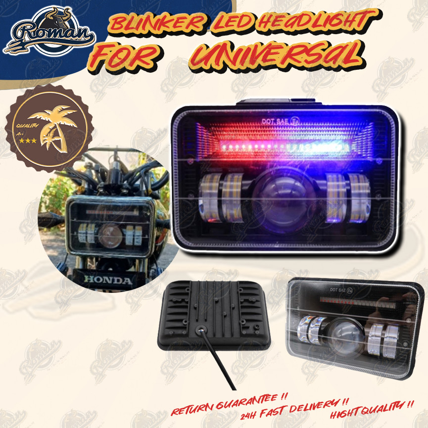 ROMAN Universal Modified Motorcycle LED Headlight With Red Blue Blinker ...