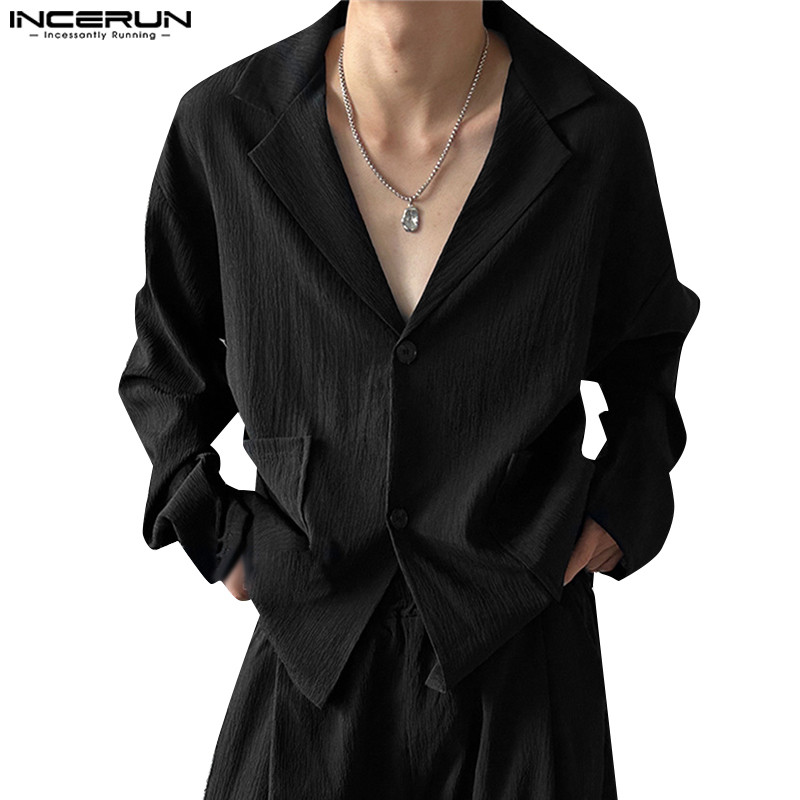 INCERUN Men Korean Pleated Drop Shoulder Design Long Sleeve Casual ...