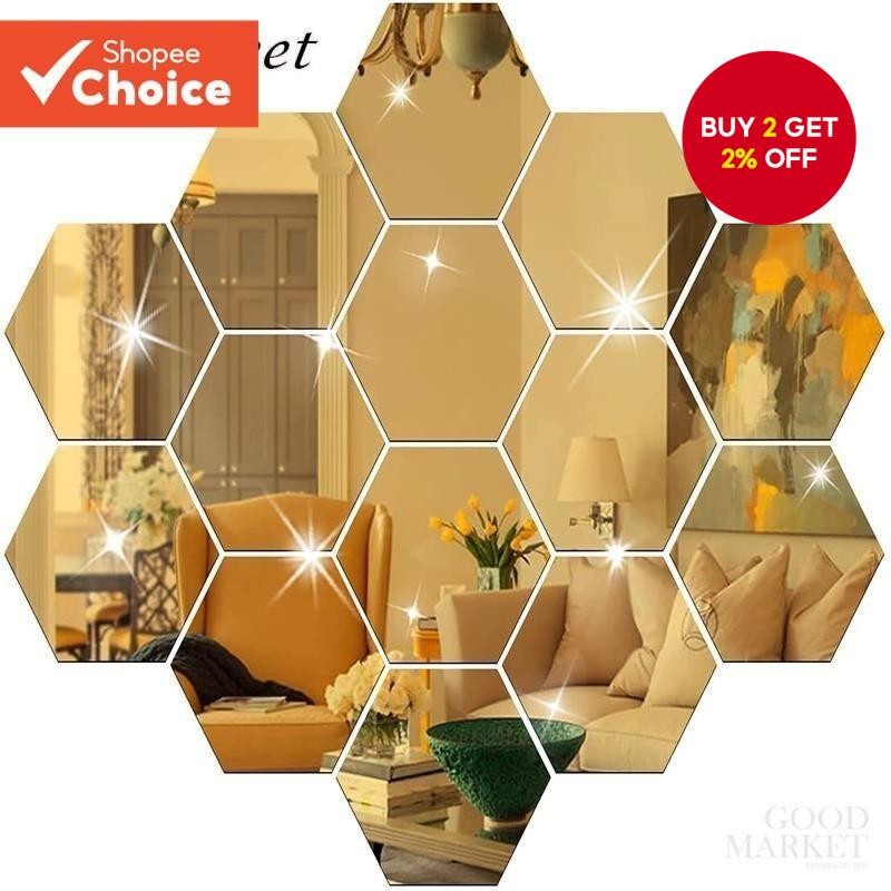 12 Mini Mirror Wall Stickers Hexagonal Home Decoration Self-Adhesive ...