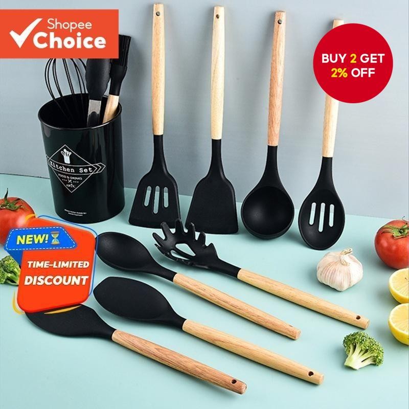 Kitchen 12pcs Silicone Utensil Set Cookware Set Non-Stick Wooden Handle ...