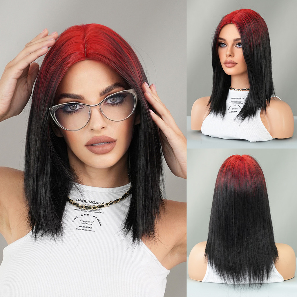 Comic Red Bangs Dyed Shoulder-Length Straight Wig for Women Full Head ...