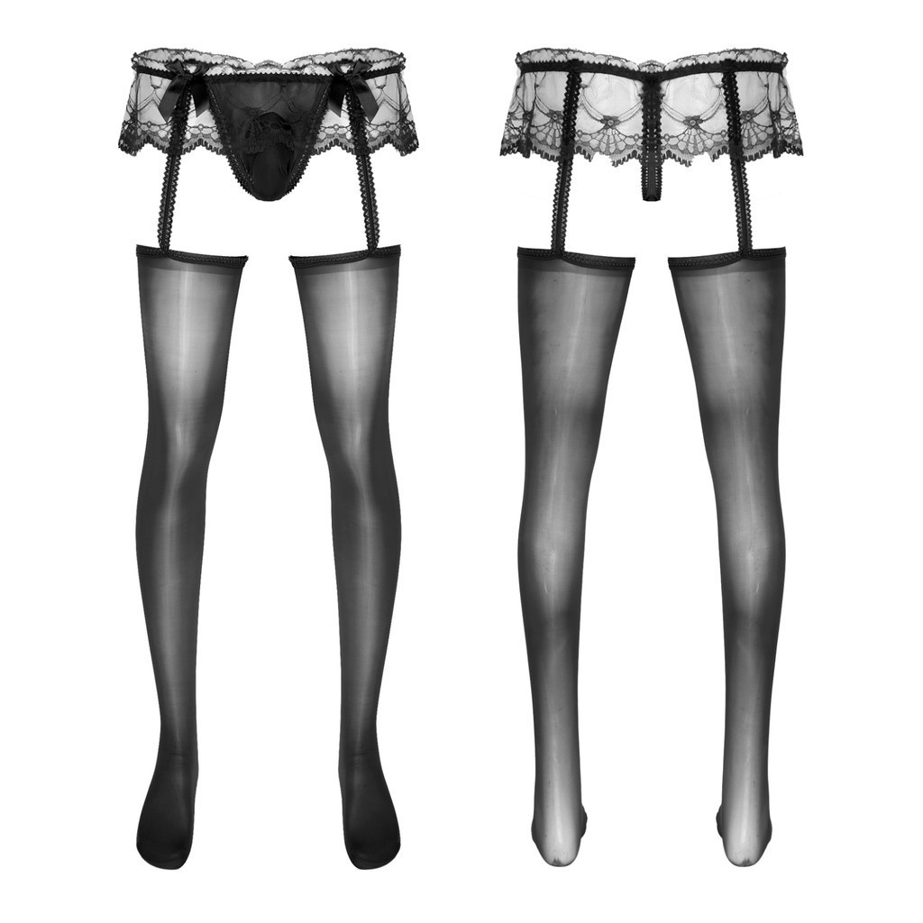 Mens Sheer Lace Skirted Cutout Pantyhose Bulge Pouch G-String Glossy ...