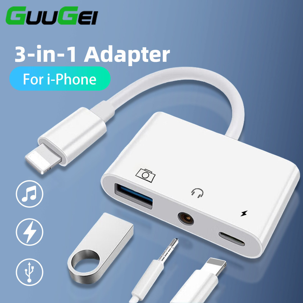 Guugei 3 in 1 IOS OTG Adapter 8Pin To 3.5mm Aux Earphone Adapter USB 2. ...