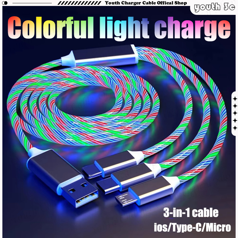 3 IN 1 Colorful Glowing Charge Cable 66W Fast Charging Micro//Type C ...