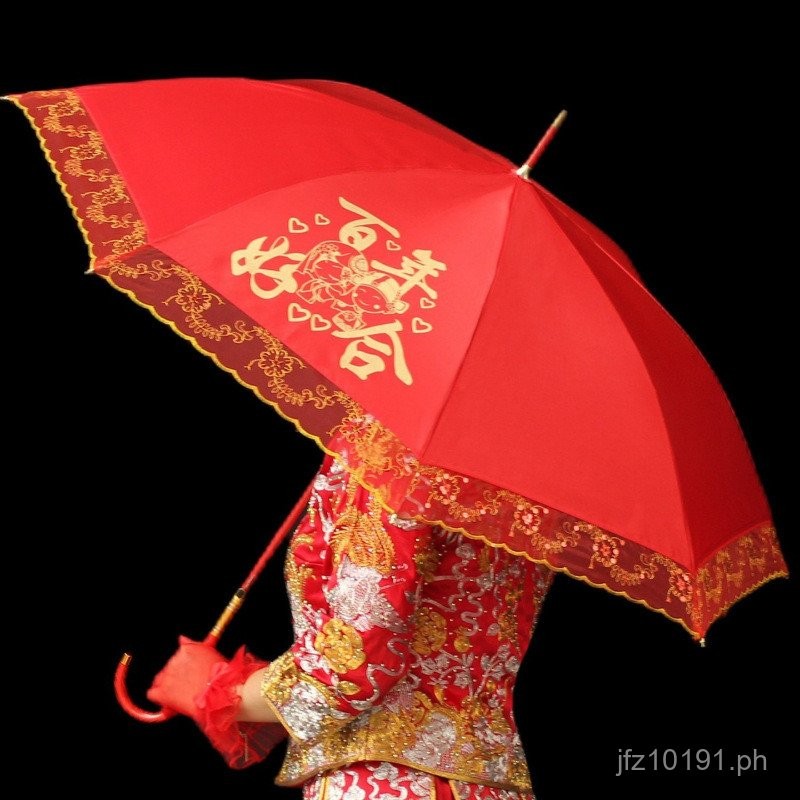 Fully Automatic Wedding Bride Red Long Handle Umbrella Festive Wedding ...
