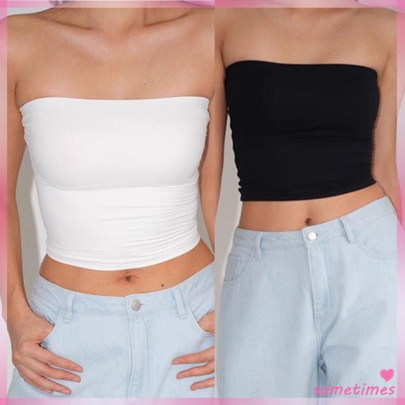 Time Sleeveless Strapless Crop Tube Backless Bandeau Tops Casual Summer ...