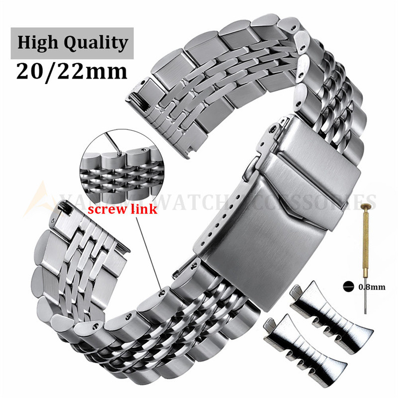 Luxury Solid Stainless Steel Watch Band 20mm 22mm Flat Curved End 7 ...