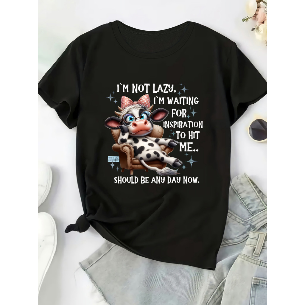 Women's Plus Size Funny Cow Print T-Shirt with "I'm Not Lazy" Slogan ...
