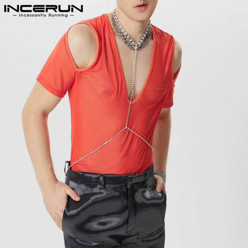 INCERUN Men Korean Off-The-Shoulder V-Neck Short Sleeve Solid Color T ...