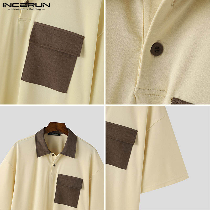 INCERUN Men Korean Fashion Colorblocking Short Sleeve Lapel Neck POLO ...