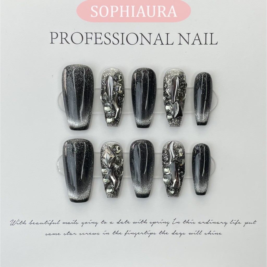 SOPHIAURA Handmade Nails Obsidian Long Ballerina Sweet Cool Cat Eye ...