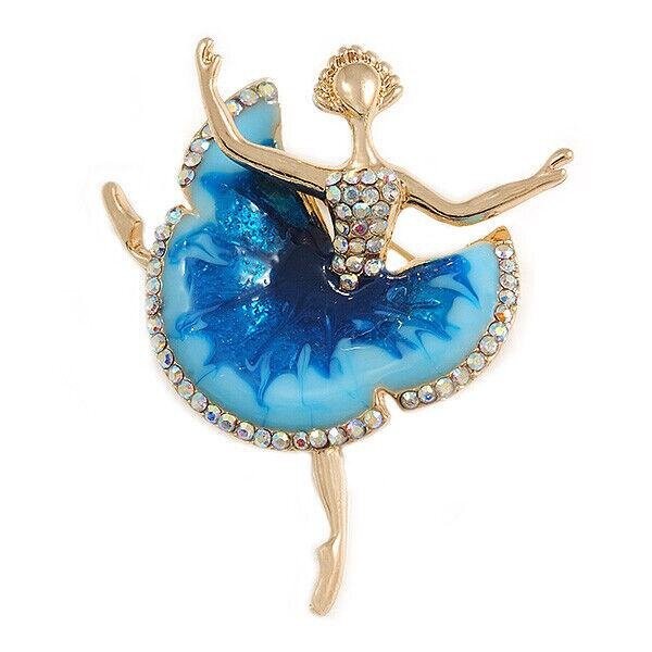 Crystal Blue Enamel Ballerina Brooch In Gold Tone Metal - 47mm Tall ...