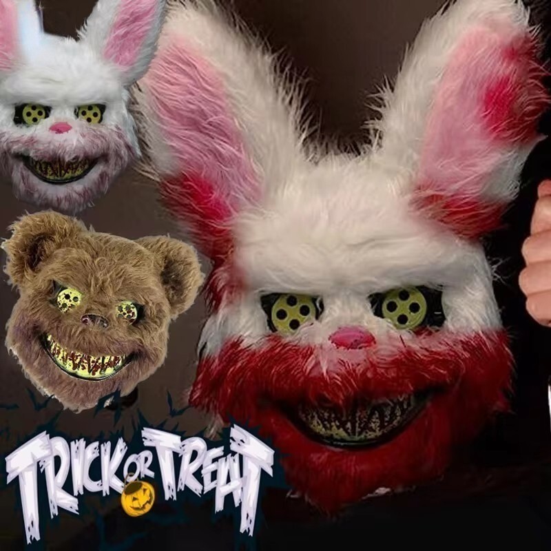 LED Bloody Plush Bunny Bear Mask Halloween Carnival Party Realistic ...