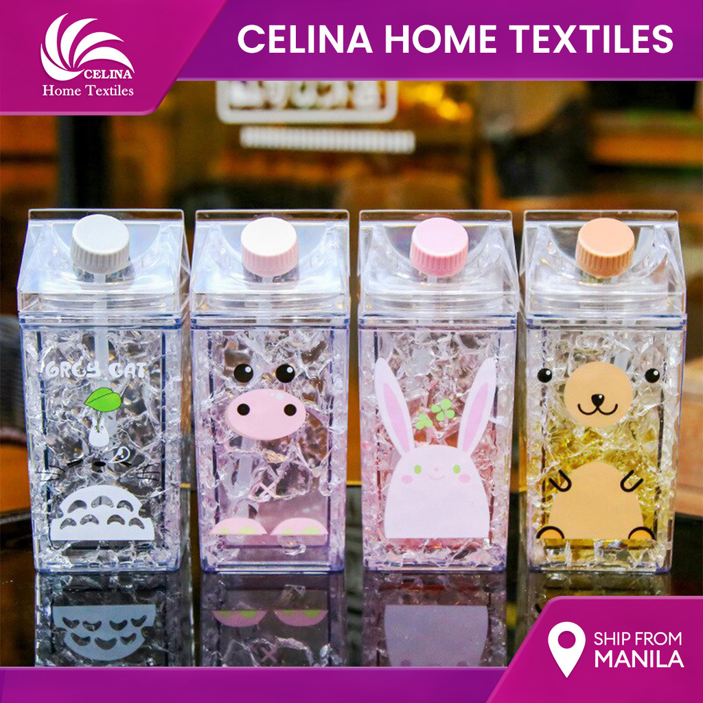 Celina 430ml Water Bottle Summer Cartoon Square Plastic Cup with Straw ...