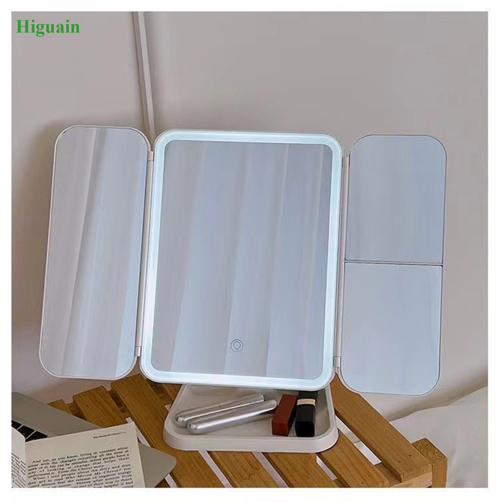Trifold Lighted Vanity Makeup Mirror LED Lights Dorm Dressing Mirror ...