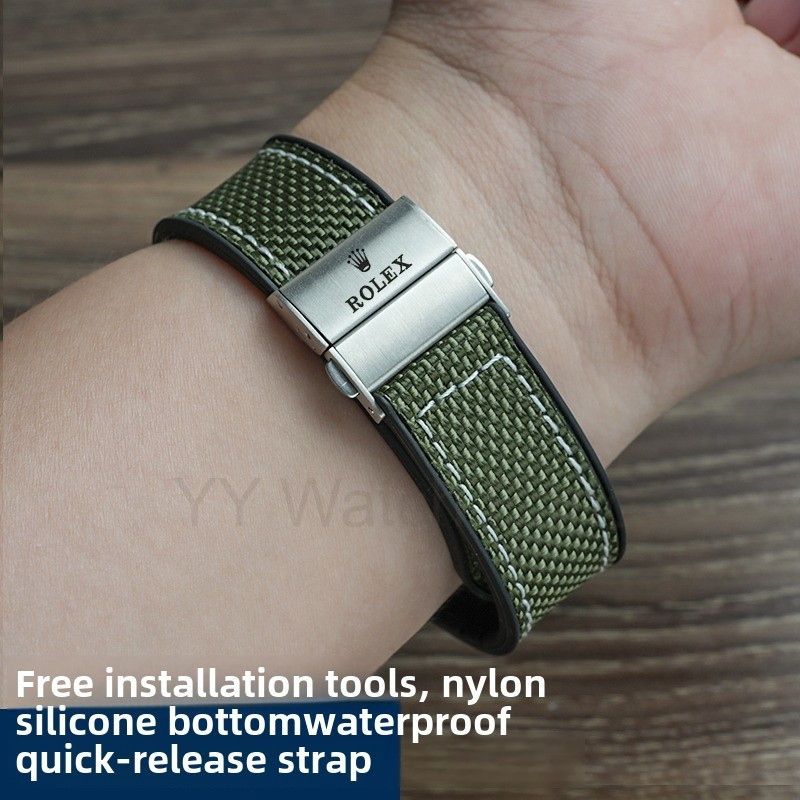 20mm 22mm Nylon Silicone Strap for Rolex Black & Green Buffalo Air-King ...
