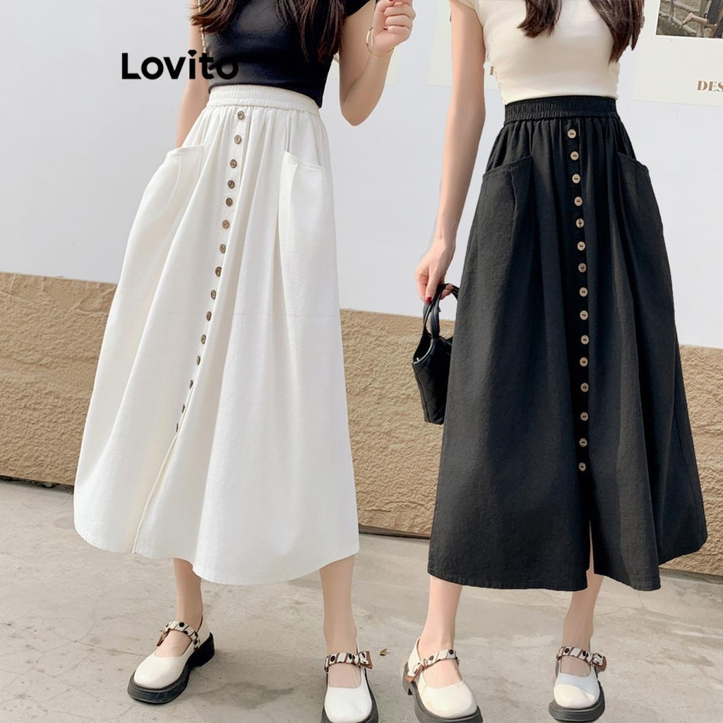 Lovito Women Casual Plain Button Skirts LNE58631 | Shopee Philippines
