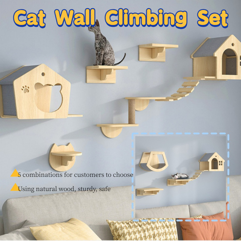 Cat Wall Climbing Set Solid Wood Cat House Wall Mounted DIY Cat ...