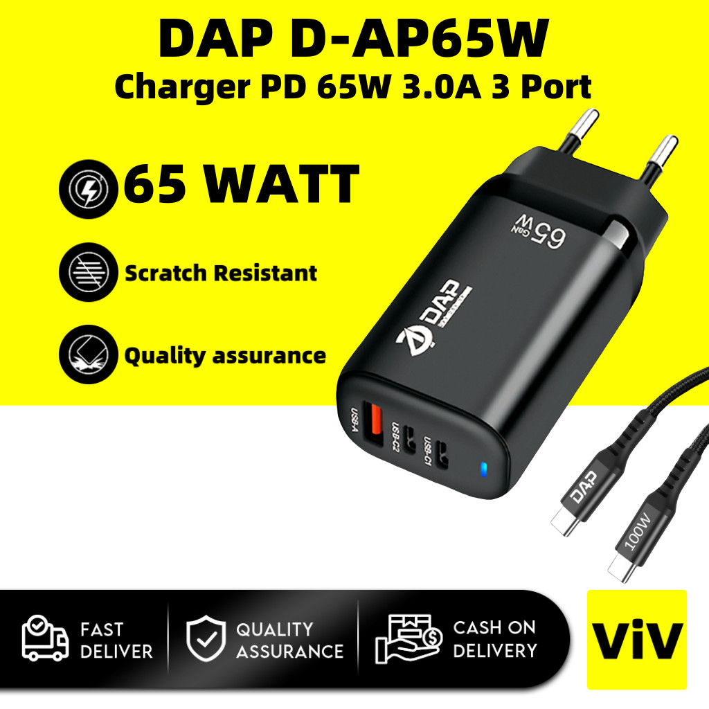 Dap Charger PD 65W 3.0A 3 Ports Include Cable C to C 100watt // D-AP65W ...