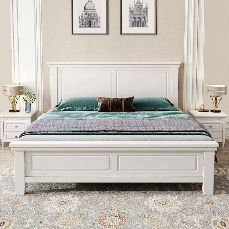 American style solid wood bed1.8Beige Double Bed White1.5Rice Storage ...