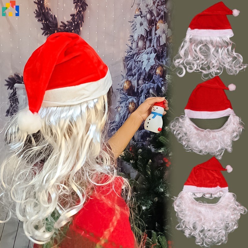 Realistic Santa Mustache/Wig Hat Set White Beard Wig Cosplay Santa ...