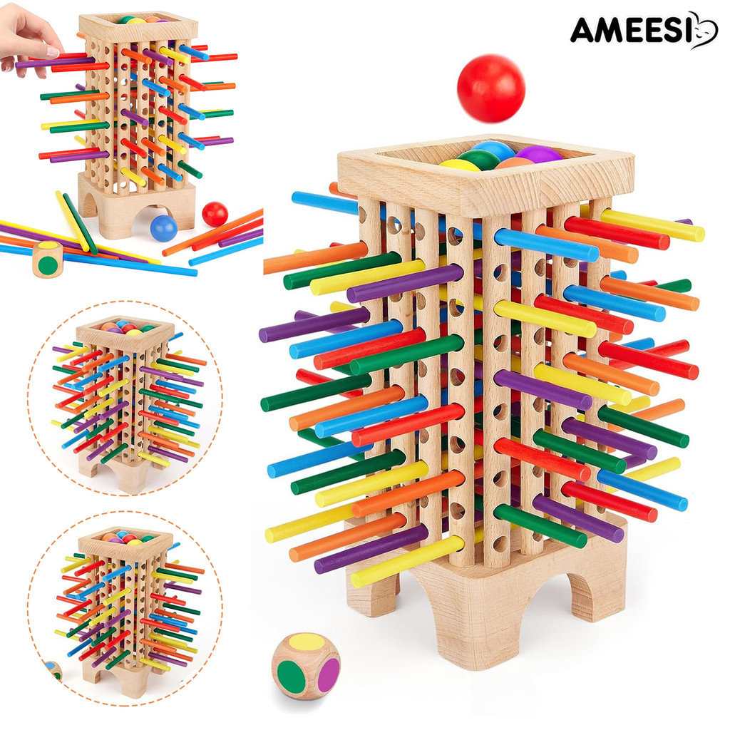 Ameesi Wooden Stick Tower Toy with 42 Sticks 6 Balls Dice Fine Motor ...