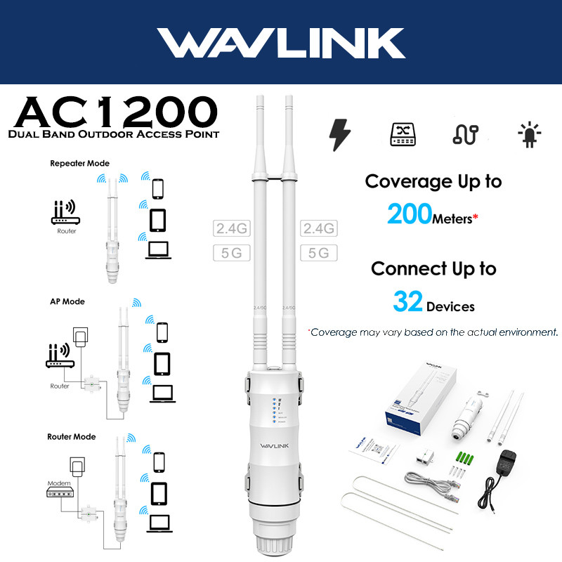 WAVLINK AC1200 Outdoor Access Point Dual Band 2.4G+5G WiFi Long Range ...