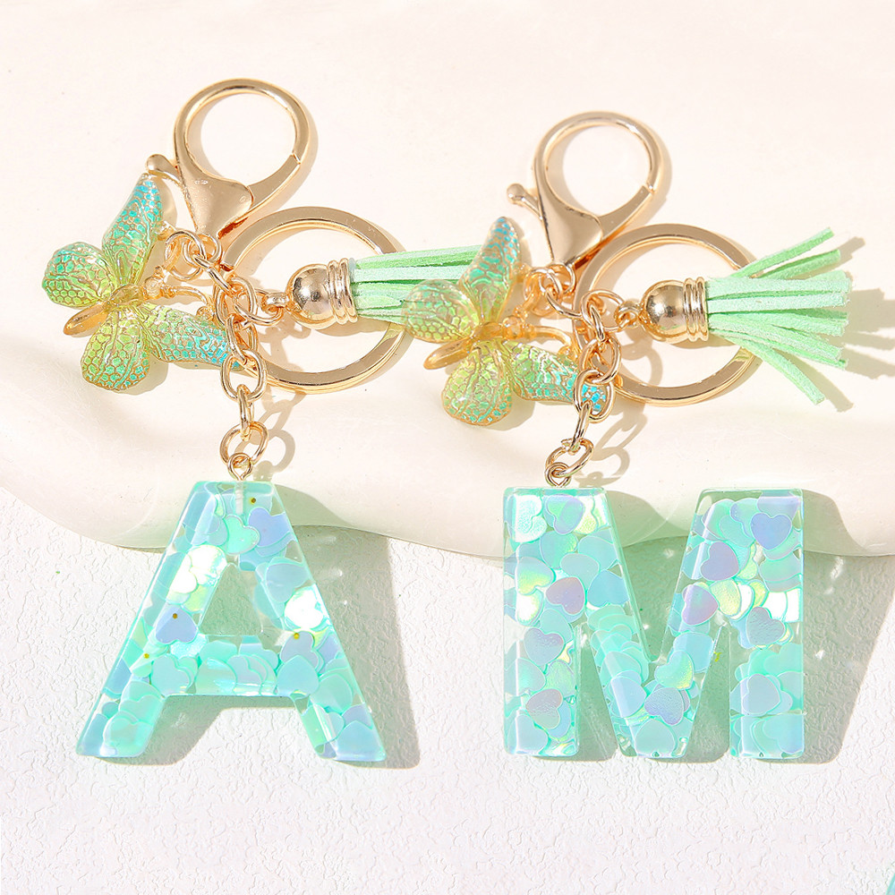 1Pcs Exquisite Green Butterfly 26 Letter Keychains Sparkling Heart ...