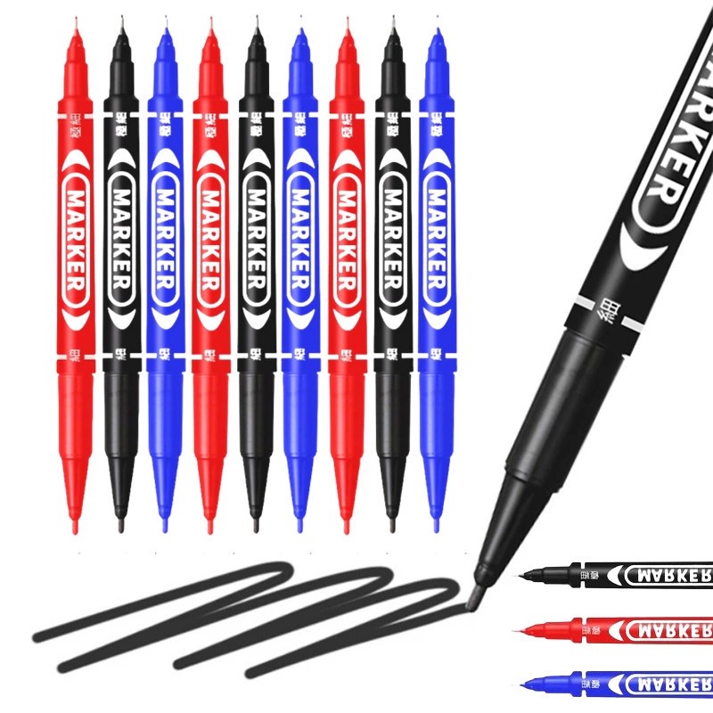 Quick-drying Permanent Marker Double-headed Marker Black Blue Red Ink ...