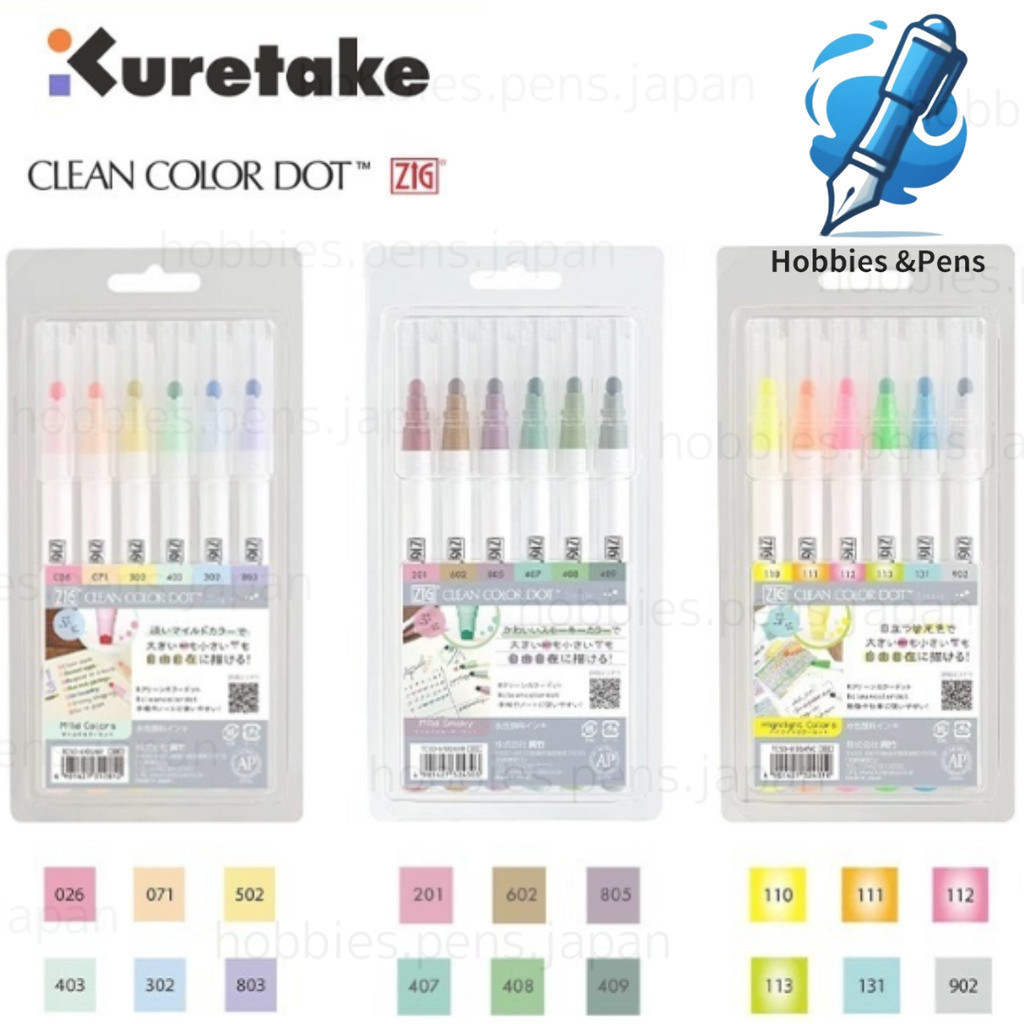 Kuretake Zig Clean Dot Marker 6 Color Set Mild Smoky Highlight School ...