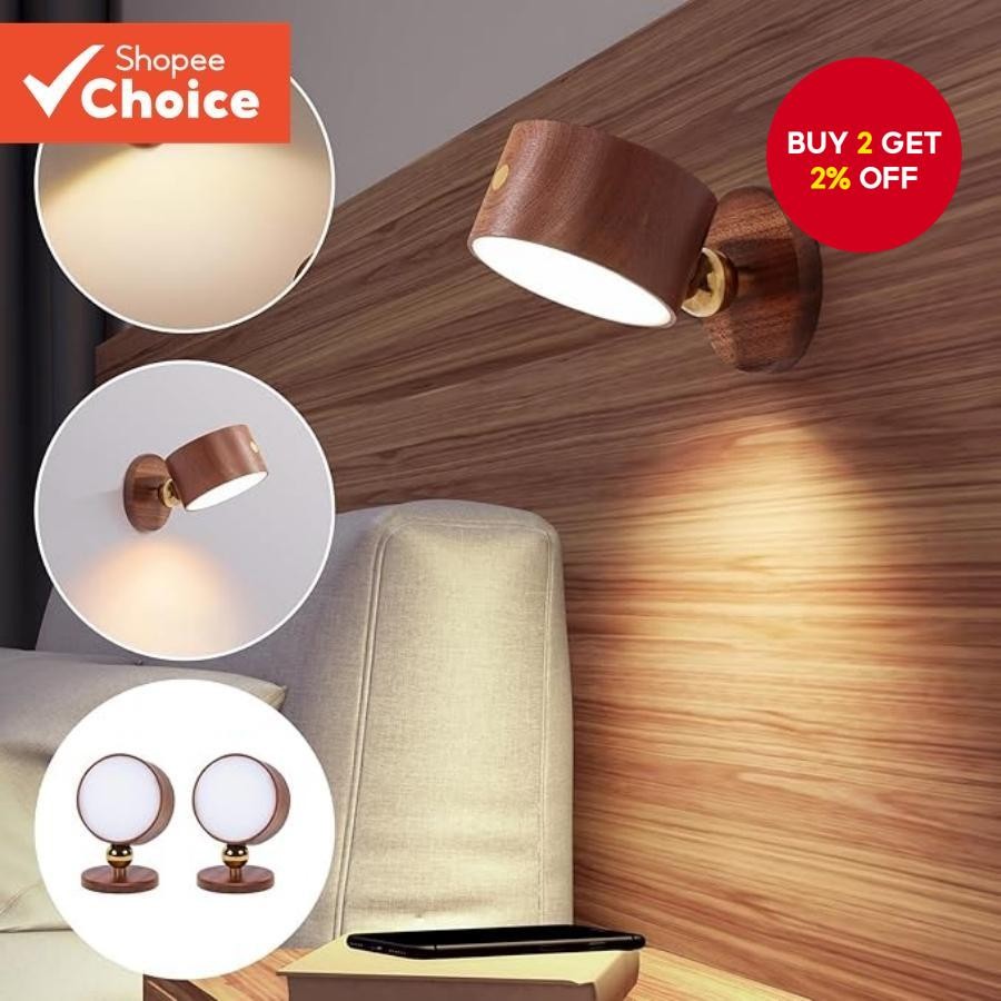Wooden Led Wall Sconce, 360° Rotatable Dimmable Rechargeable Wall ...