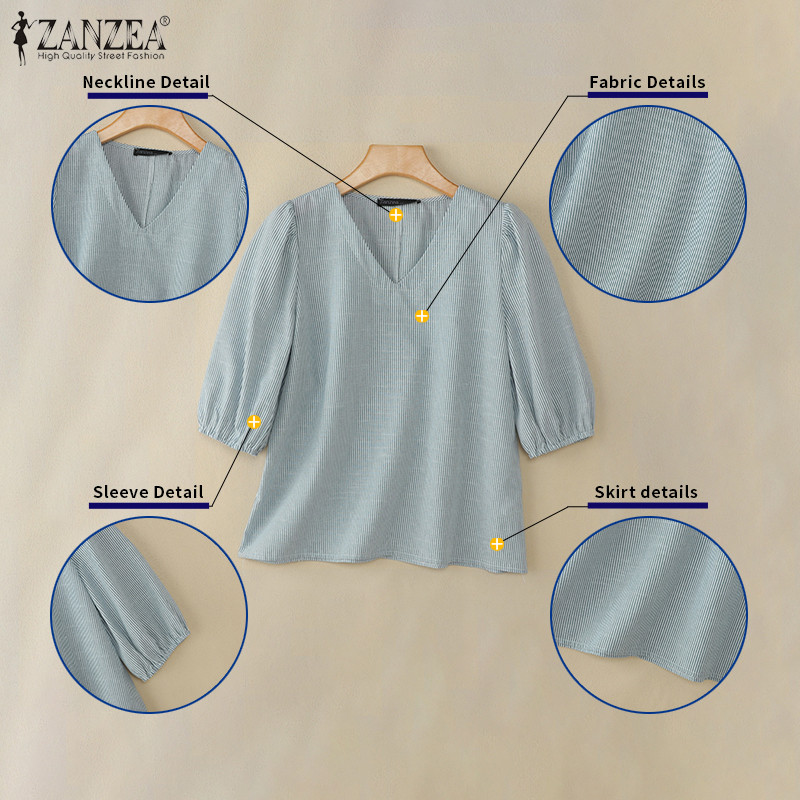 ZANZEA Women Korean Casual V-neck 3/4 Sleeves Puff Sleeves Striped ...