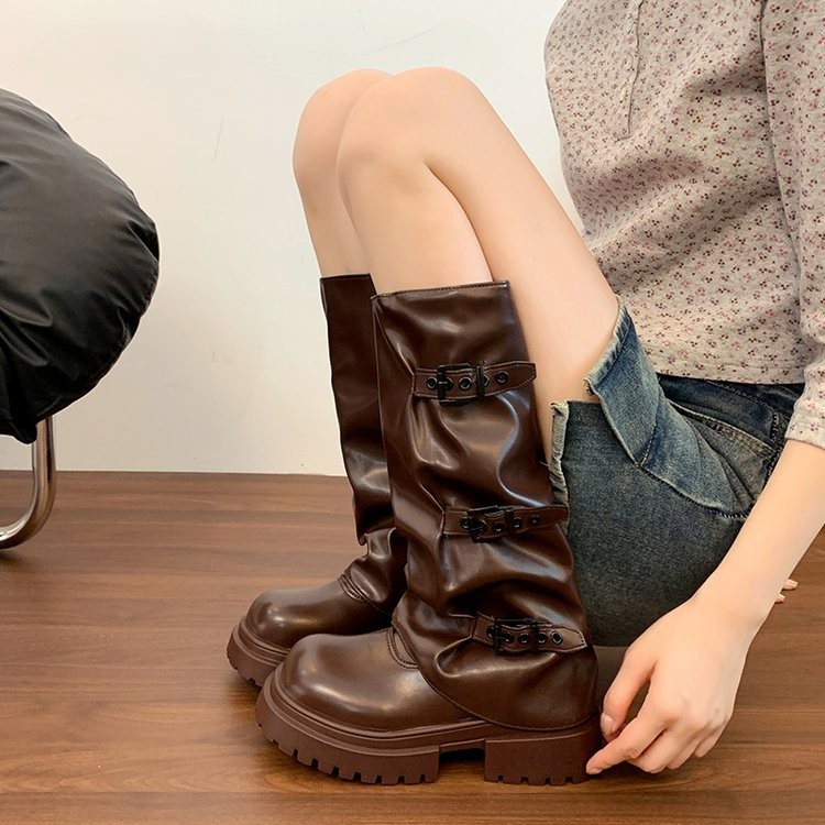 Fashion Women's High Boots Round Toe Chunky Heel Slip-On Boots Mid Heel ...