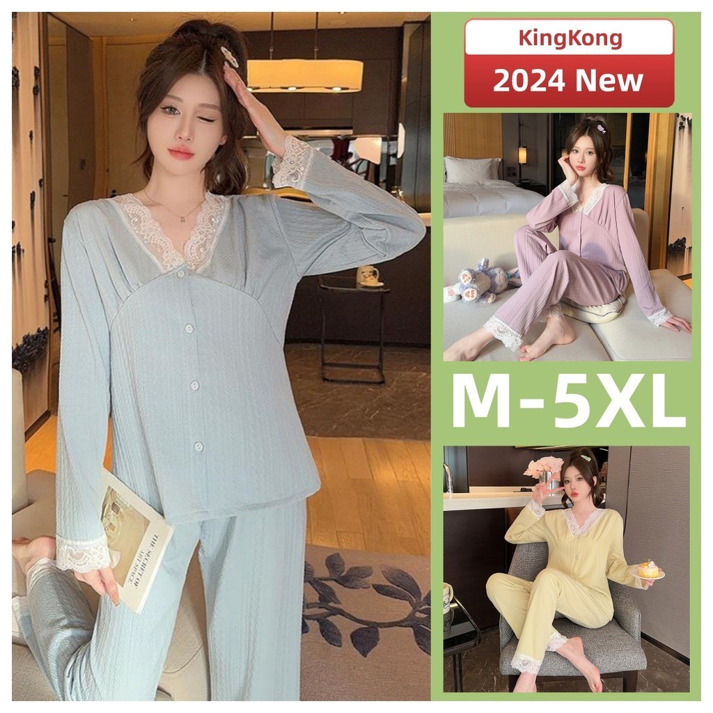 Pajamas for Woman M-5XL Plus size Pajamas Cotton Autumn Long sleeves Sleepwear Women Plain Loose ...