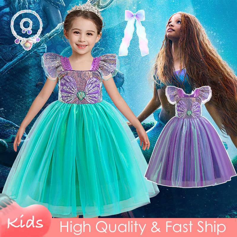 Mermaid Princess Ariel Green Purple Dress For Kids Girl Sequined Shell ...