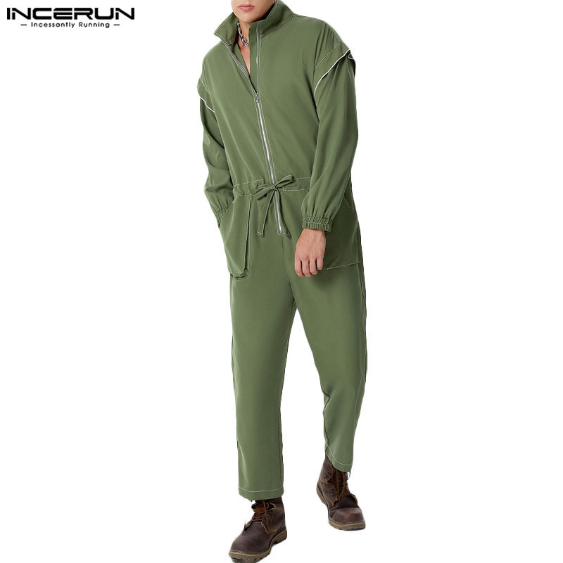 INCERUN Men Vintage Daily Colorblock Line Casual Long Sleeve Jumpsuits ...