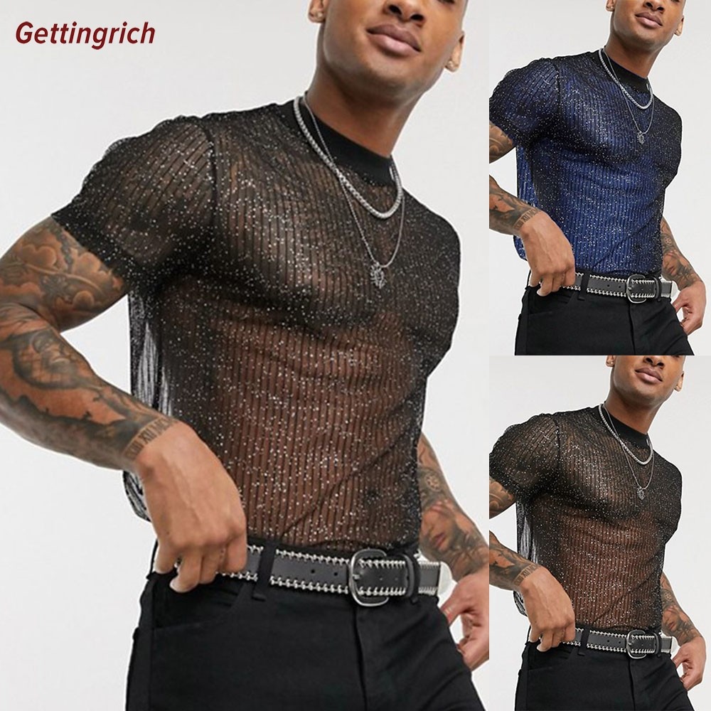 [GTH] Men See Through Short Sleeve Sequin Shiny Mesh Shirts Casual Sexy ...