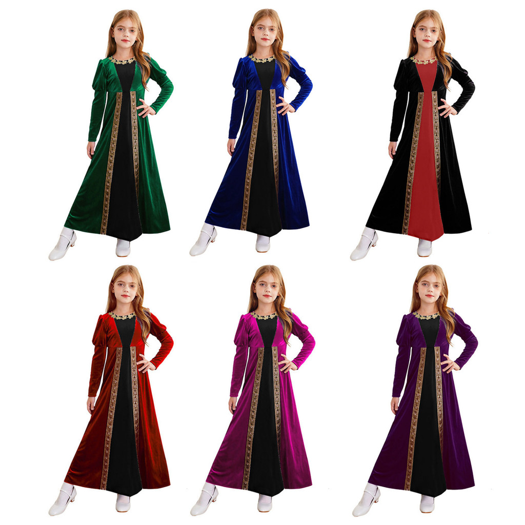 Kids Girls Medieval Renaissance Velvet Dress Long Sleeve Gold Flowers ...