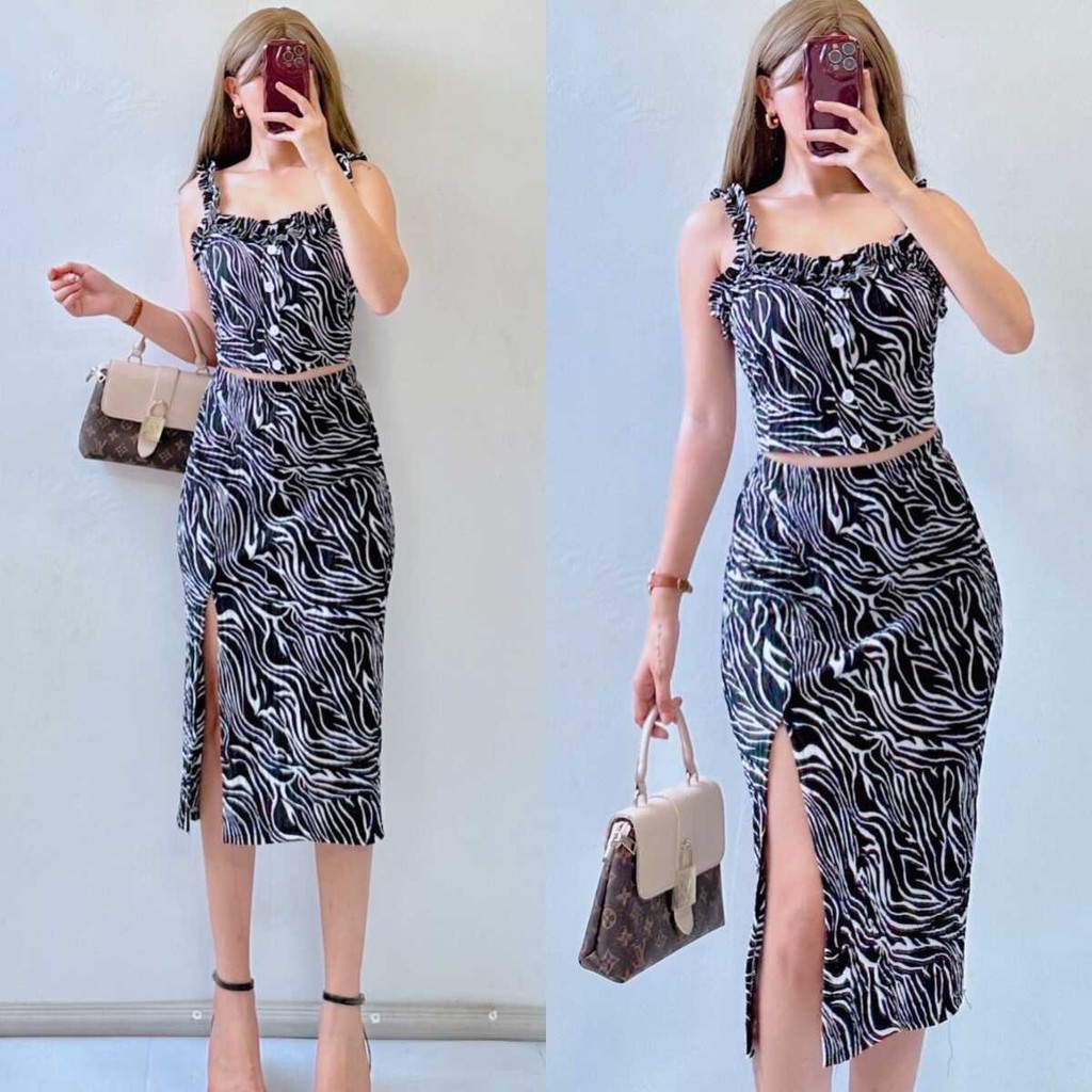 BOBI&CO 140 Bark Crepe Set Ruffle Button Top and Slit Midi Skirt Sleeveless - Trendy Summer ...