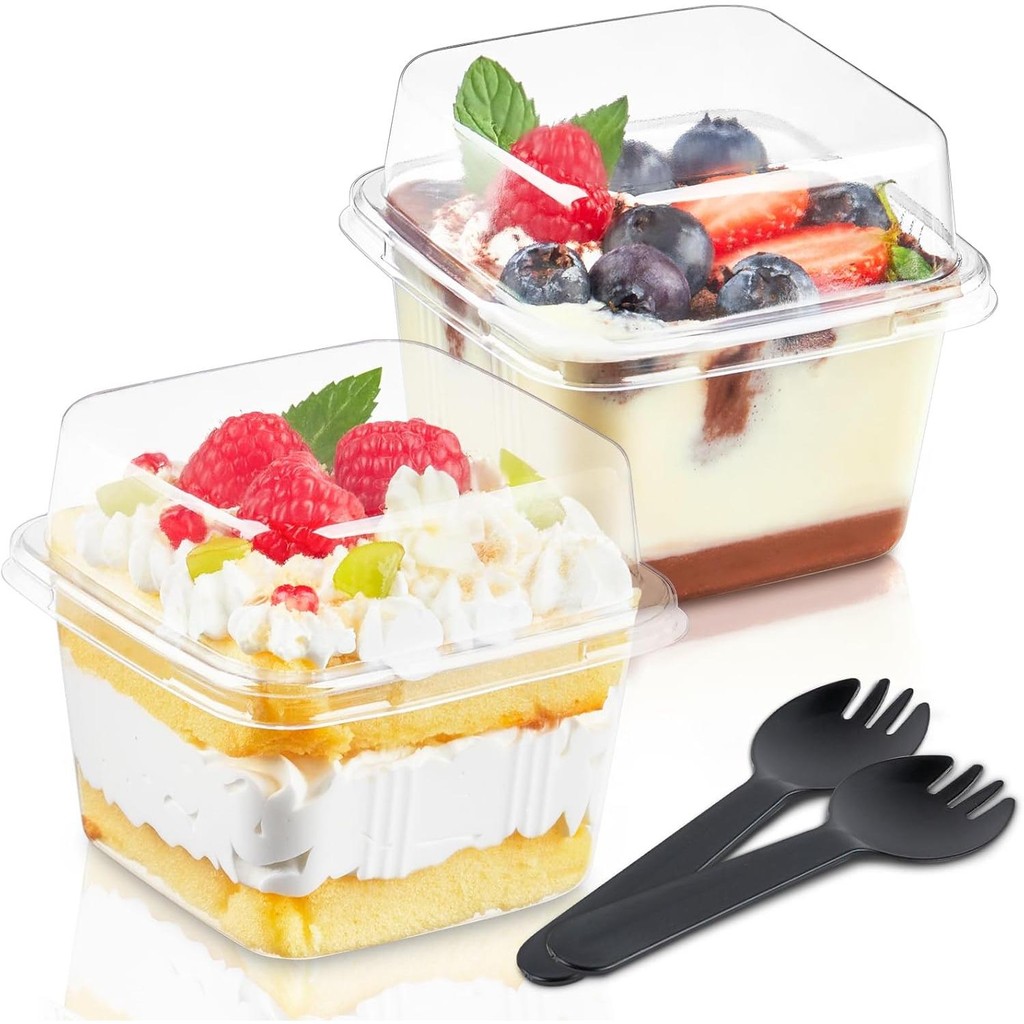 50pcs 8 oz Plastic Dessert Cups with Lids, Disposable Clear Square Cake ...