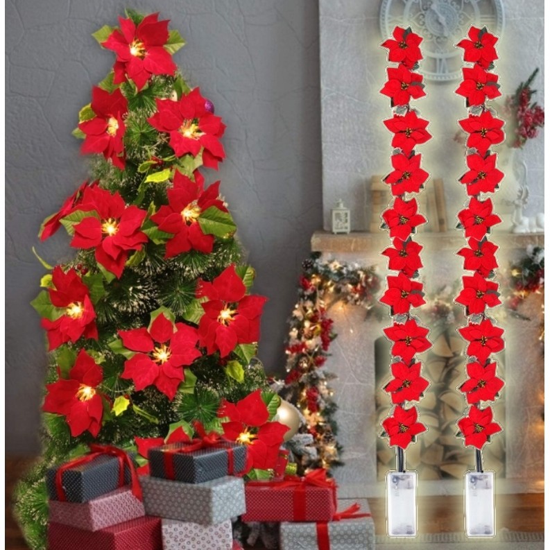 2M Christmas Poinsettia Flowers Garland String Lights Holly Leave Xmas ...