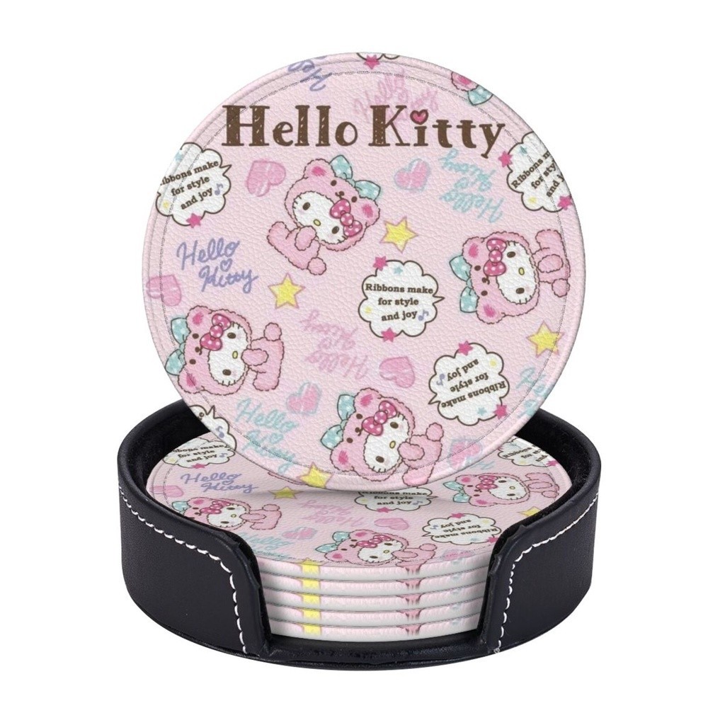 Sanrio Hello Kitty Round leather coasters (6Pcs) Anti-Stain And Anti ...