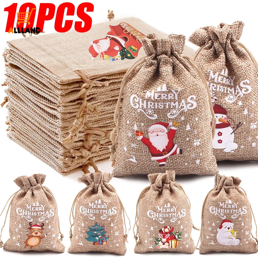 10PCS Christmas Linen Drawstring Bags - Xmas Candy Snack Packaging Bags ...