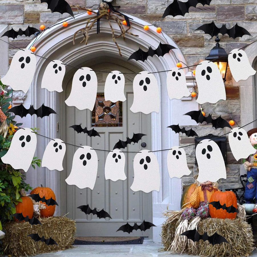 Halloween Hanging Banner Cute Ghost Paper Bunting Kids Favors Happy ...