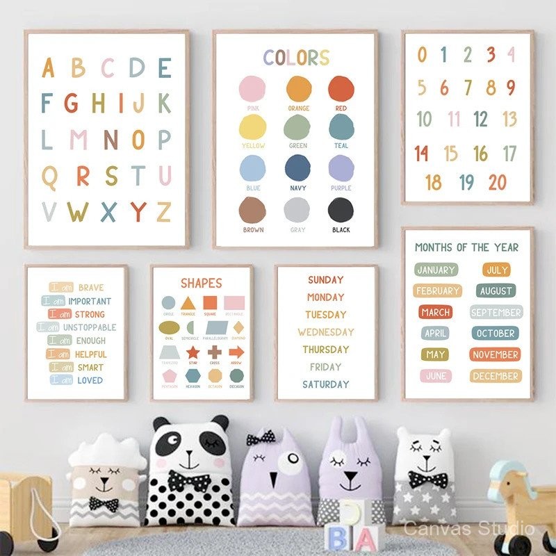 English education Poster alphabet number color shape wall art prints ...